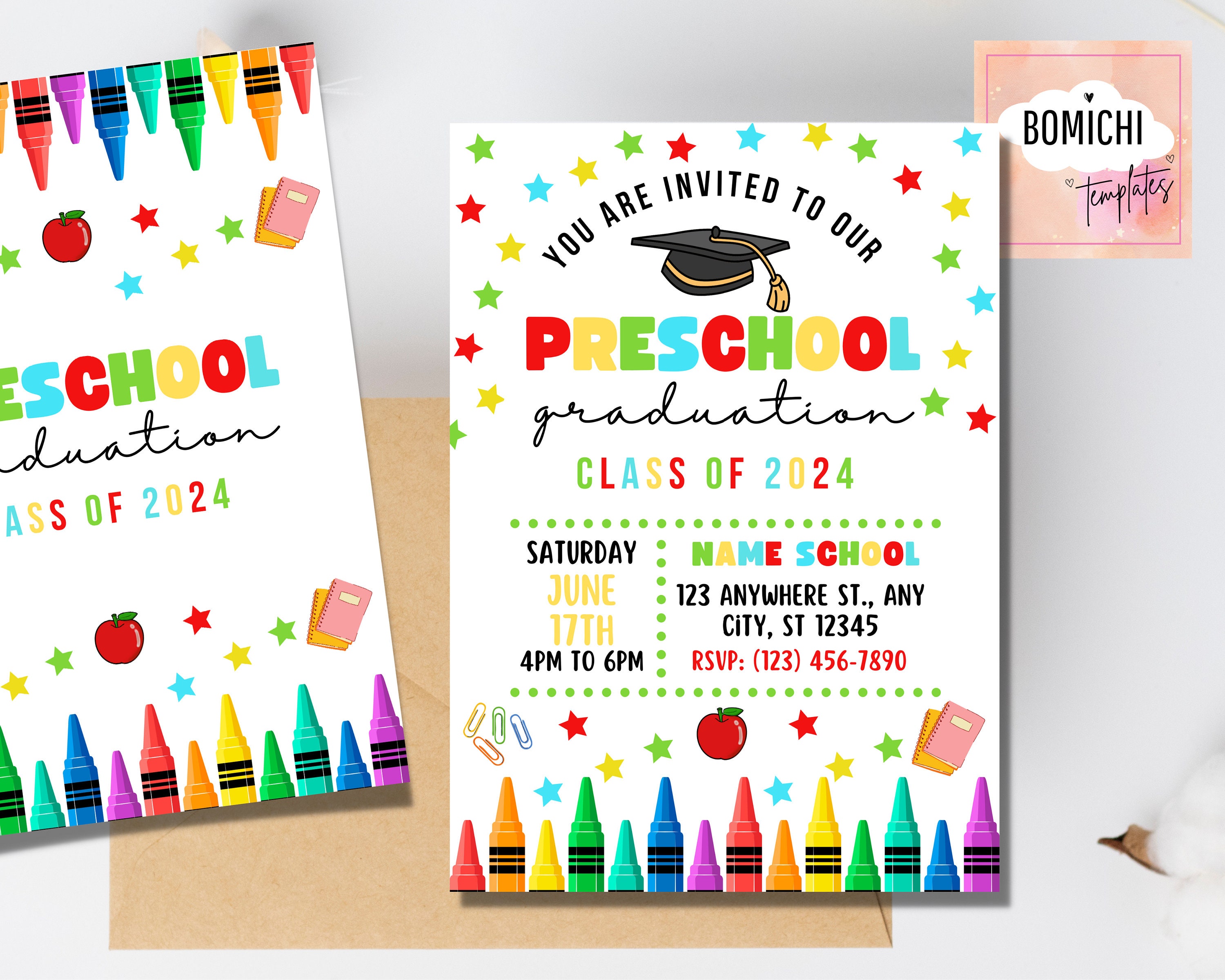 Preschool Graduation Invitation Template, Colorful Crayon Design ...