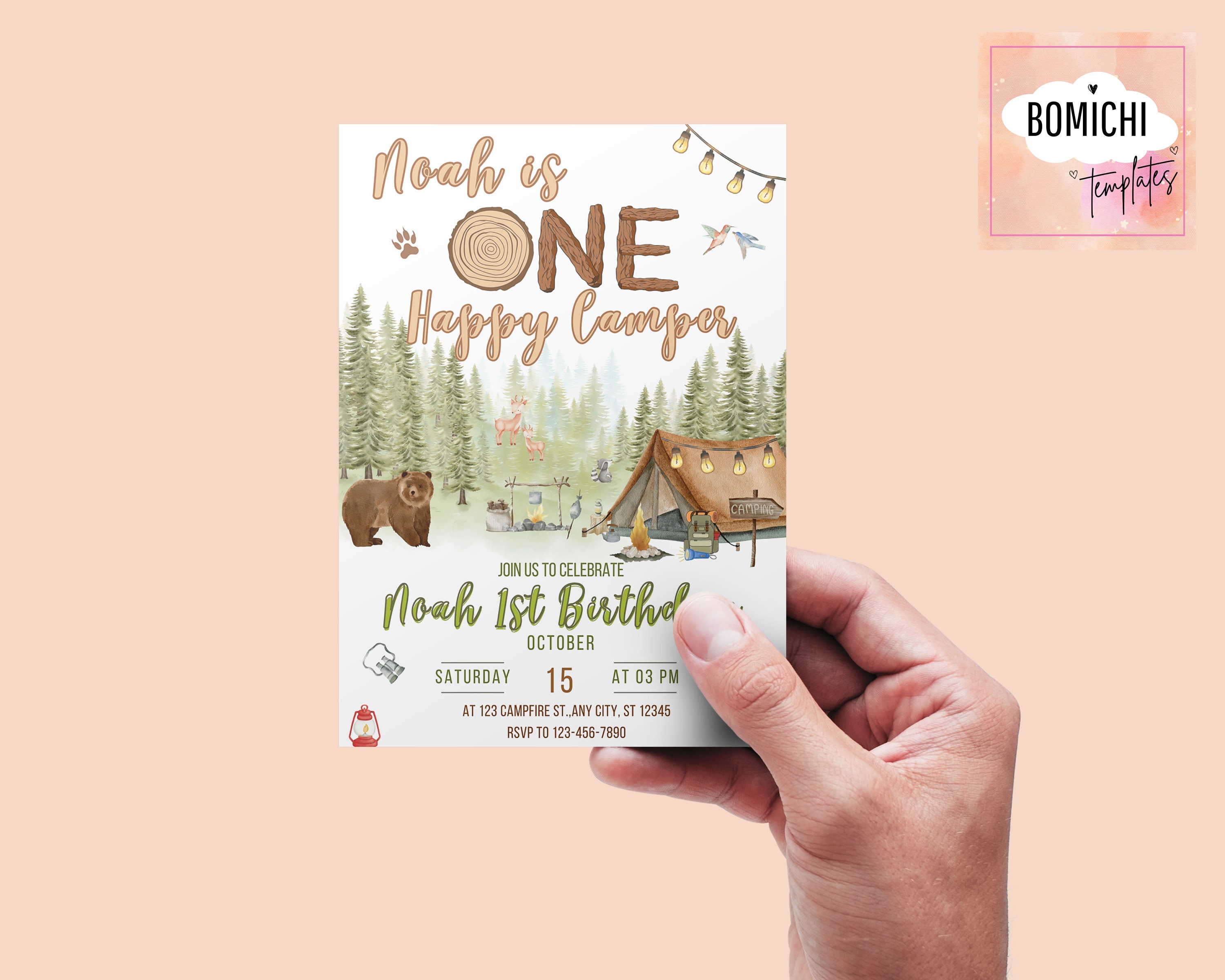 One Happy Camper Birthday Invitation Template, Camping 1st Birthday Invite, Editable One Happy ...