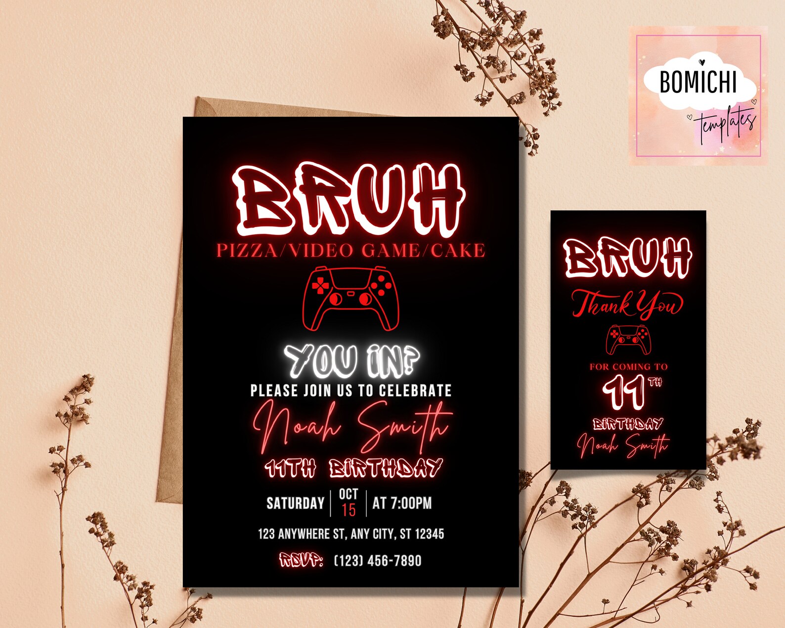 Neon BRUH Birthday Invitation, Teen Gaming Party (editable in Canva) - Etsy
