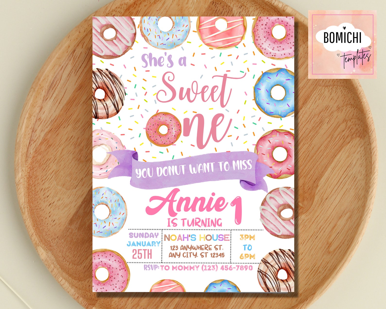 Editable She's a Sweet One Invitation, Donut Invitation, Donut 1st ...