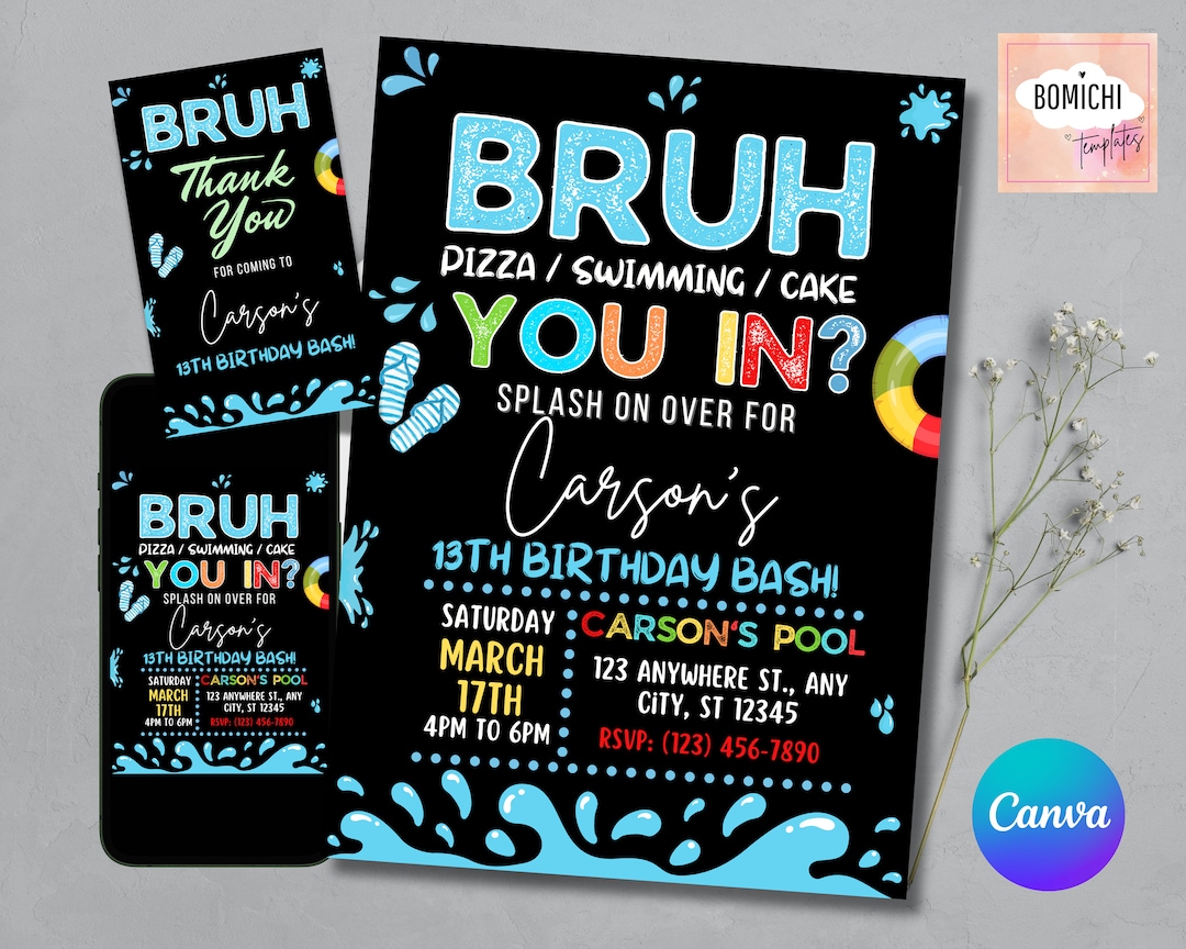 Bruh Birthday Pool Party Invitation, Teenager Invite (digital Download ...
