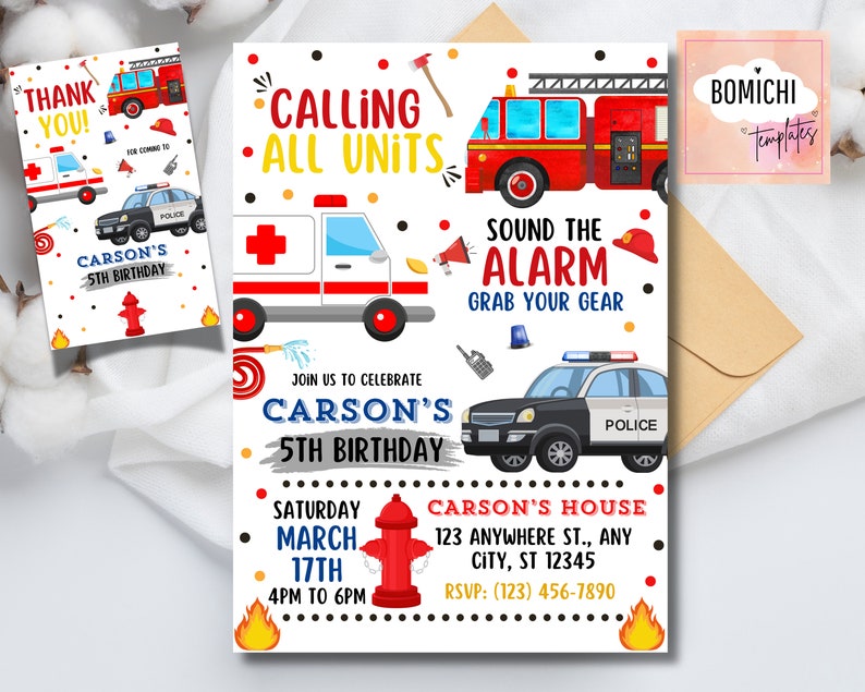 Emergency Vehicles Birthday Invitation, First Responders Party ...