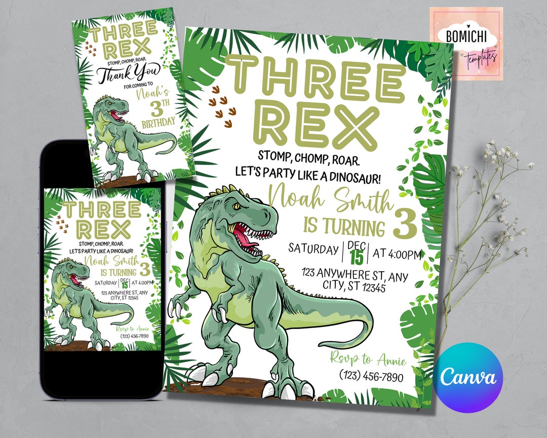 Editable Three Rex Invitation Boy, Dinosaur Birthday Invitation, Three ...