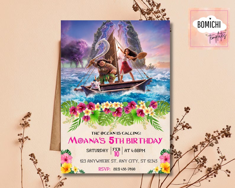 Moana Birthday Invitation, Girls Luau Party, Editable Canva Template ...