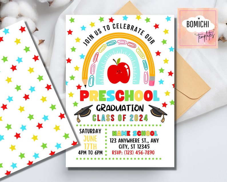 Preschool Graduation Invitation Template, Colorful Rainbow Design ...