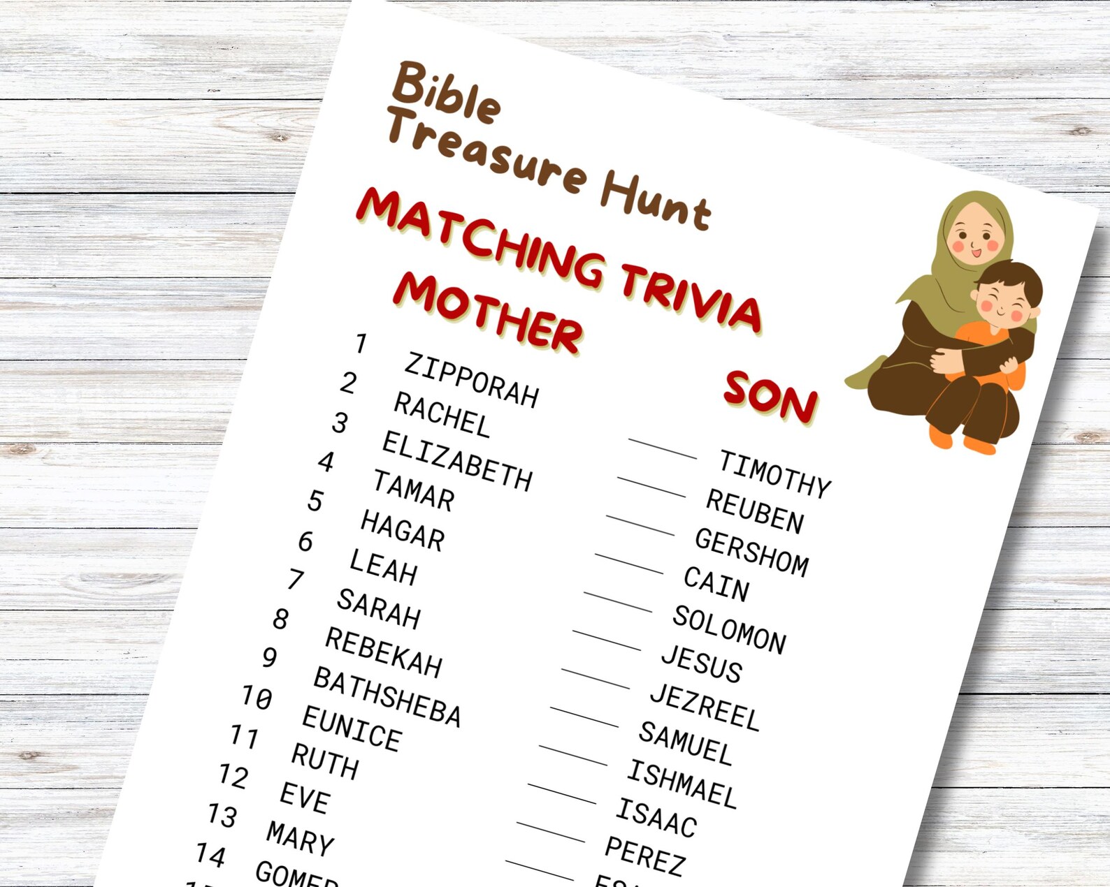 Mothers in the Bible Matching Game, Bible Treasure Hunt, Scavenger Hunt ...