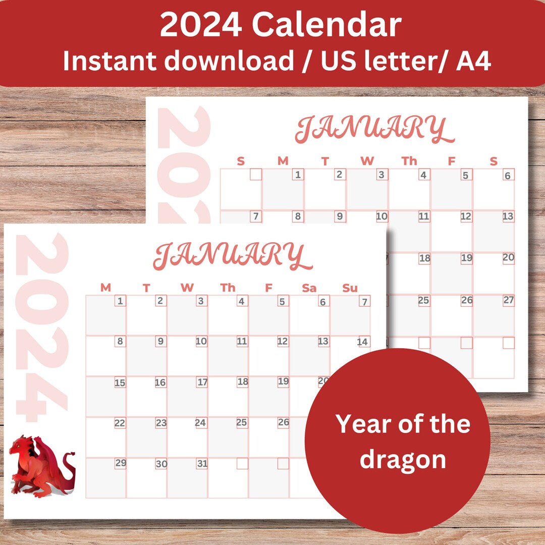 2024 Monthly Calendar Year of the Dragon Printable Calendar - Etsy
