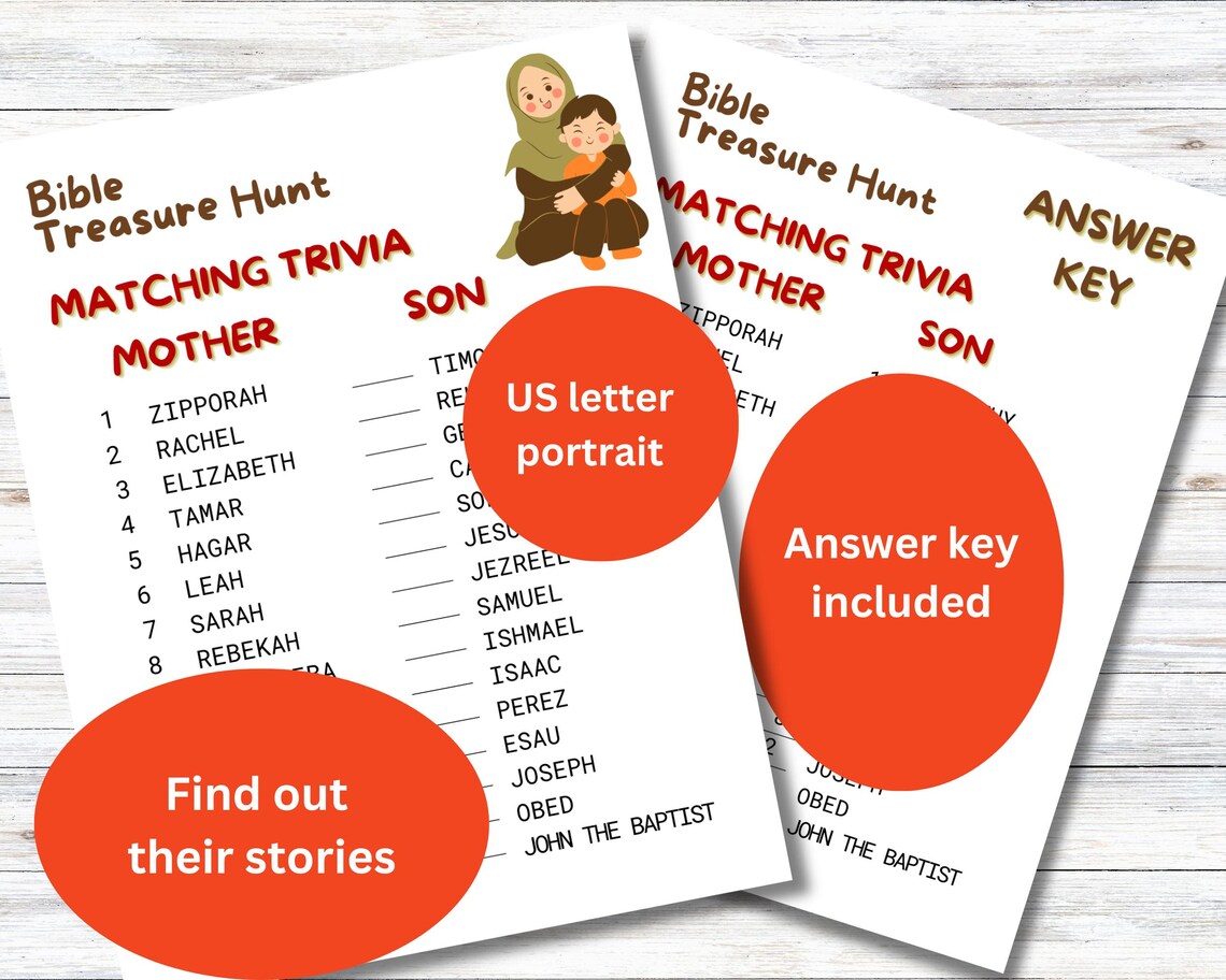 Mothers in the Bible Matching Game, Bible Treasure Hunt, Scavenger Hunt ...