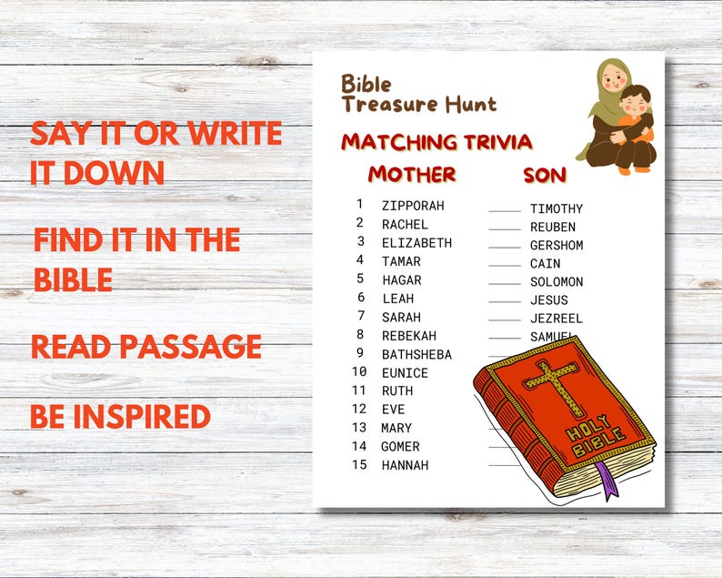 Mothers in the Bible Matching Game, Bible Treasure Hunt, Scavenger Hunt ...