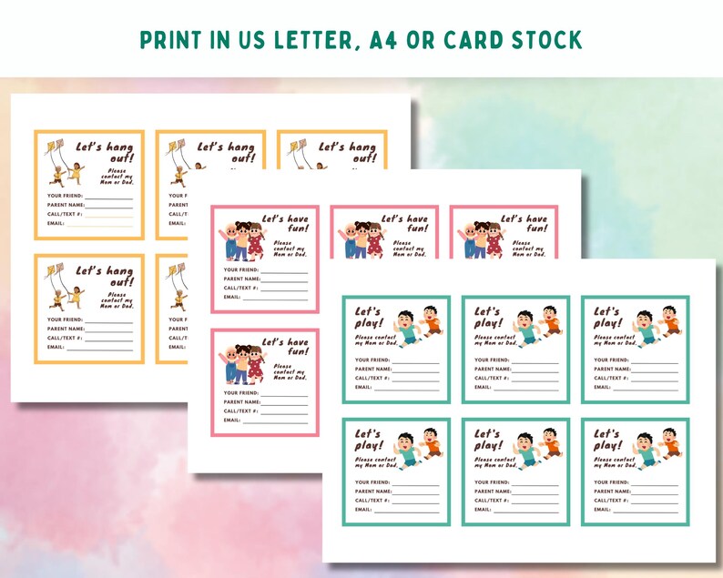 Playdate Invitation Cards, Kids Calling Cards, Kids Business Cards ...