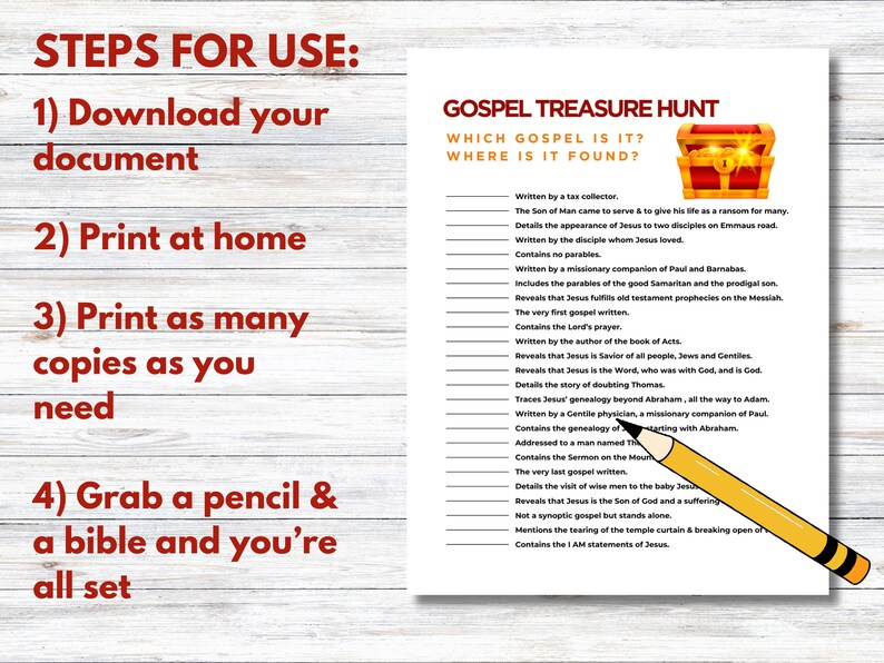 Matthew Mark Luke John Treasure Hunt, the Four Gospels Bible Game ...