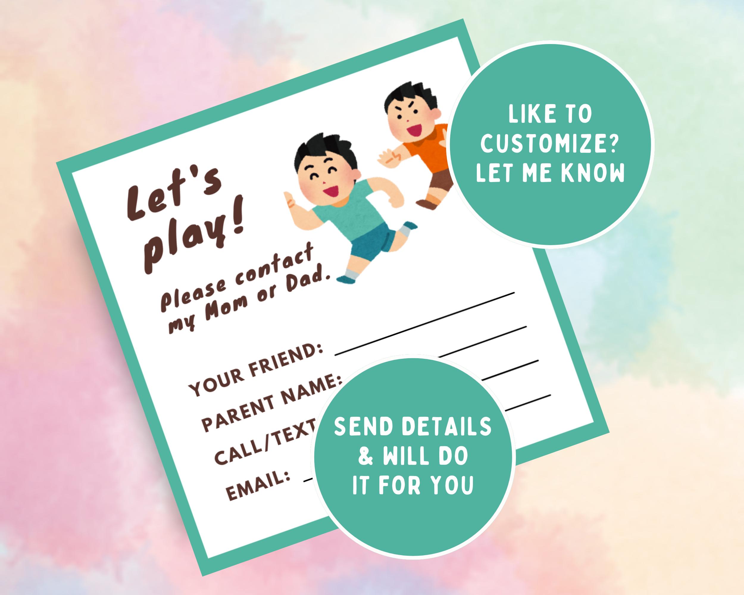 Playdate Invitation Cards, Kids Calling Cards, Kids Business Cards ...