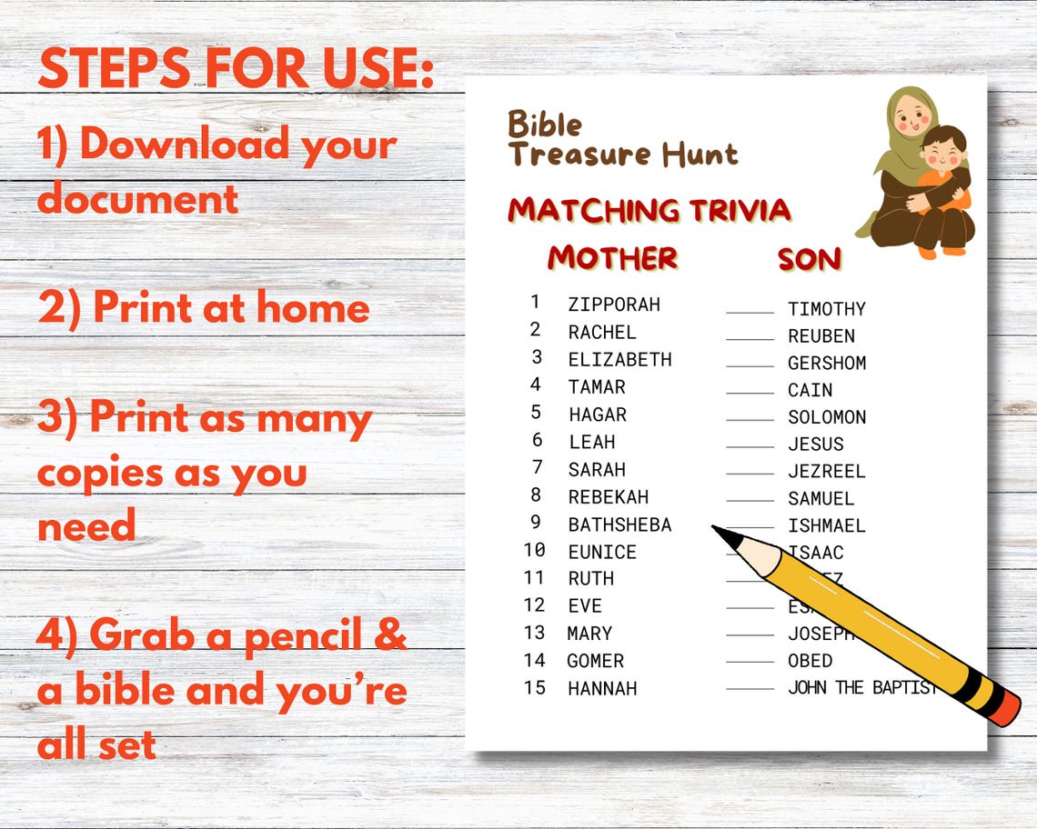 Mothers in the Bible Matching Game, Bible Treasure Hunt, Scavenger Hunt ...