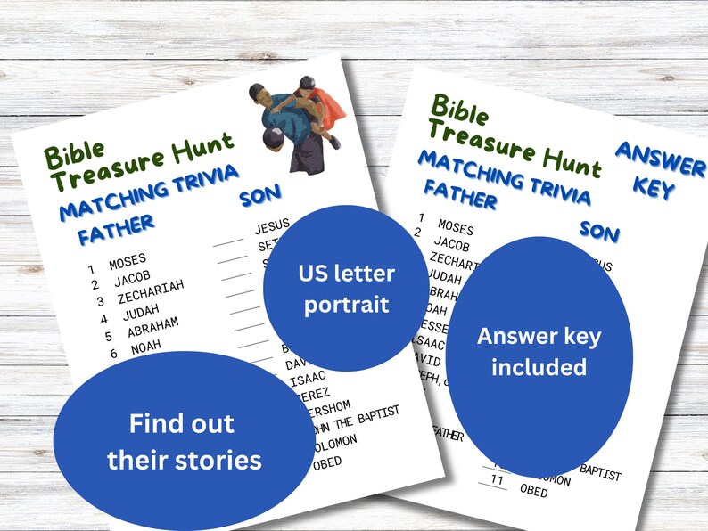 Fathers in the Bible Matching Game, Bible Treasure Hunt, Scavenger Hunt ...