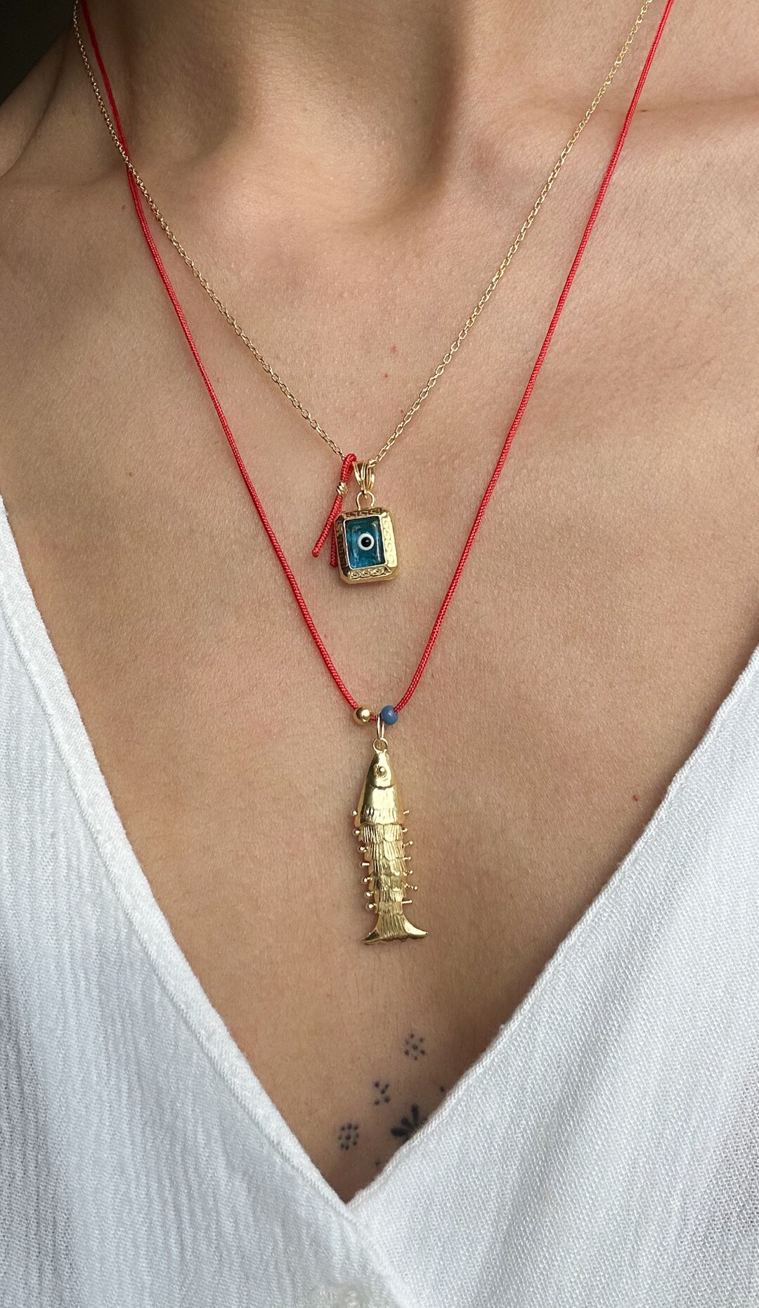 Minimal Silver Fish Necklace, Movable Fish Luck Pendant, Red String ...