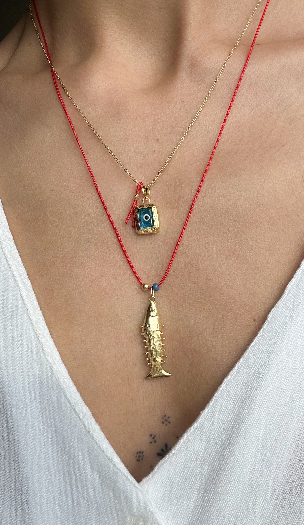 Minimal Silver Fish Necklace, Movable Fish Luck Pendant, Red String ...