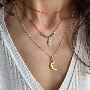 Mini Silver Beaded Necklace, Red Amulet Charm, 925k Silver Jewelry ...