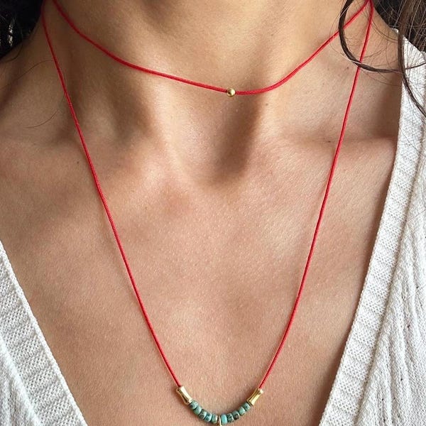 Mini Silver Beaded Necklace, Red Amulet Charm, 925k Silver Jewelry ...