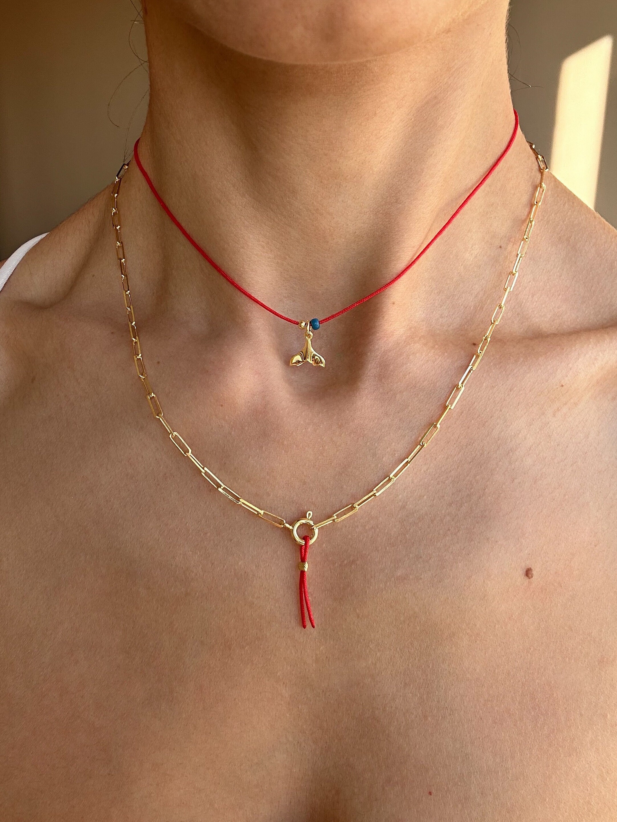 Minimal Chain Necklace, Red Amulet Link Necklace, 925k Silver Luck ...