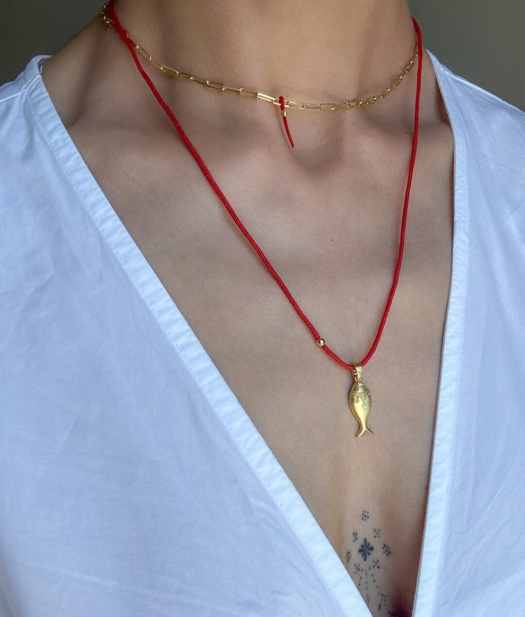 Silver Figüred Fish Necklace, Fish Luck Pendant, Red String Necklace ...