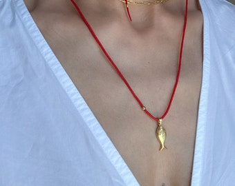 Minimal Silver Fish Necklace, Movable Fish Luck Pendant, Red String ...