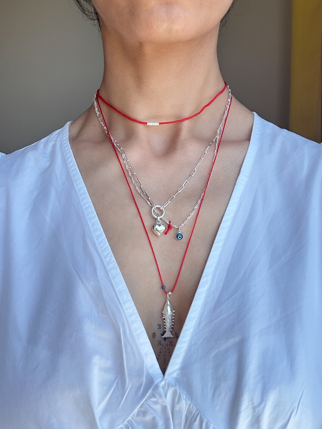 Silver Movable Fish Necklace, Fish Luck Pendant, Red String Necklace ...