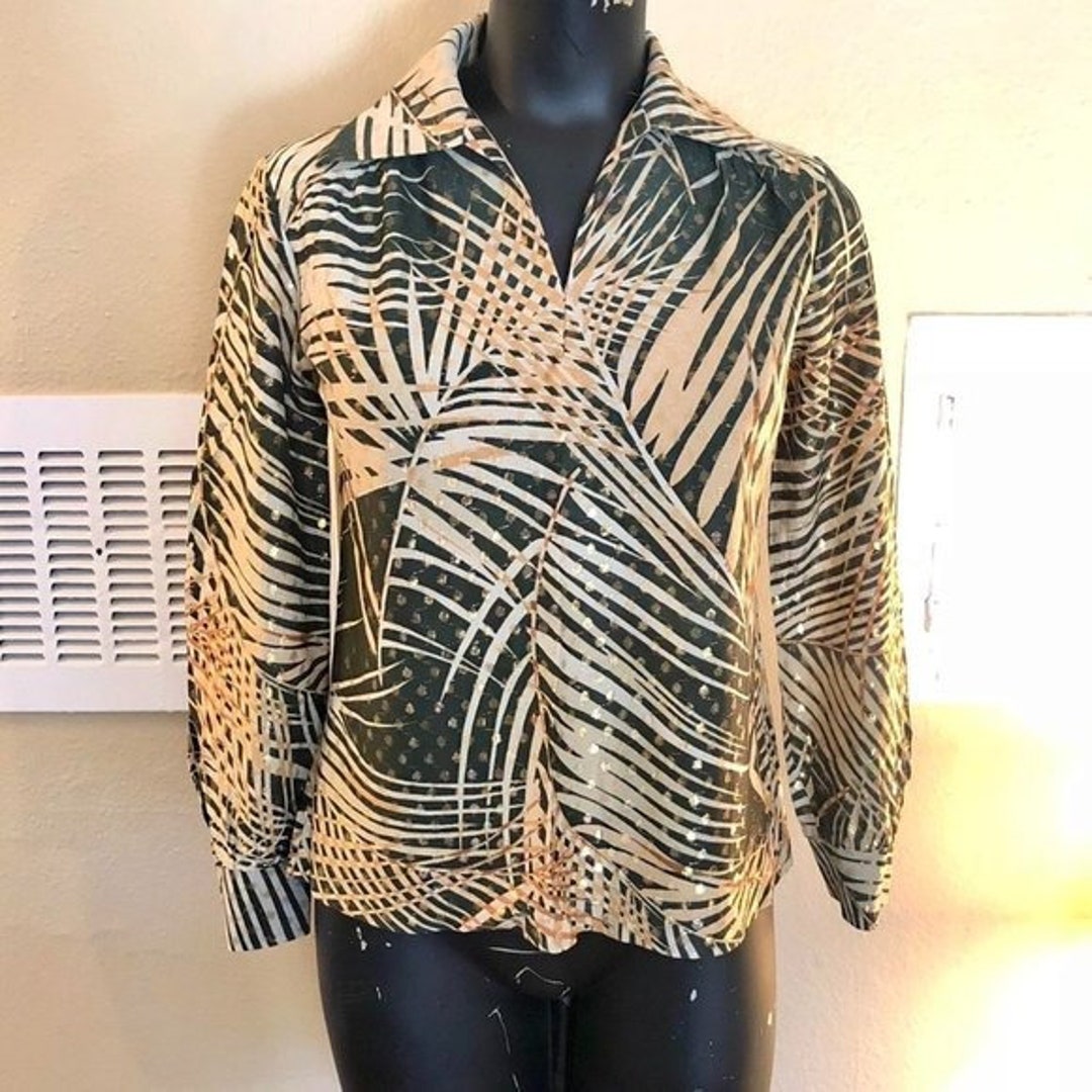 Vintage Jami Originals Green Yellow Leaf Print and Gold Polka Dot Top ...