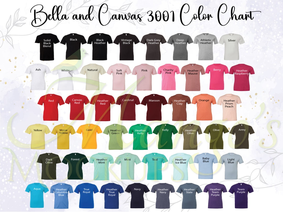 Bella Canvas 3001 Unisex Color Chart - Shirt Color Chart - Bella and ...