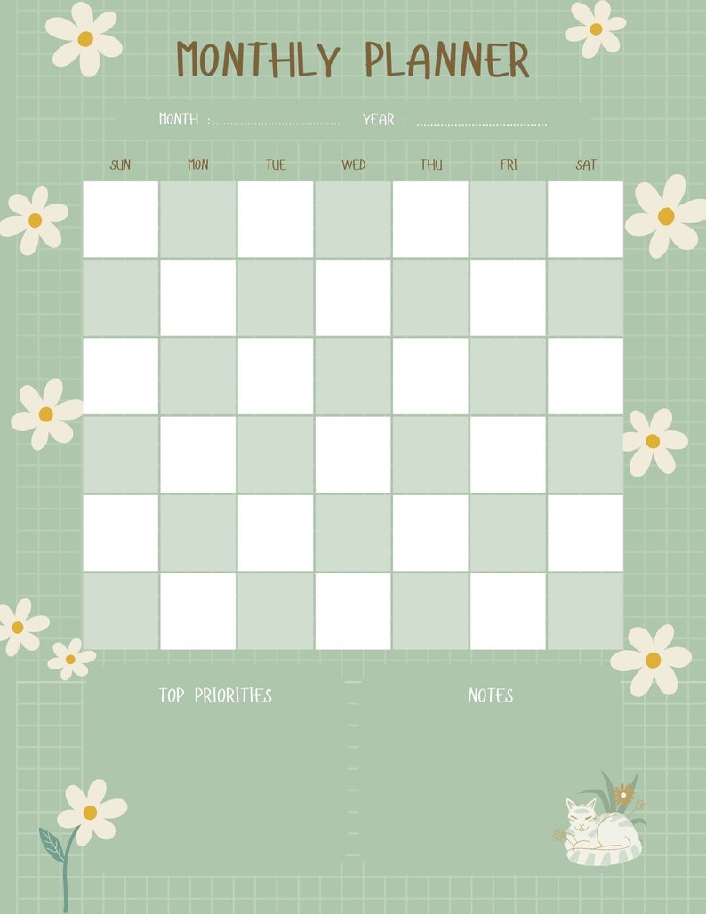 Sage Green Monthly and Daily Daisy Planner + Self Care Goal Setting - Etsy