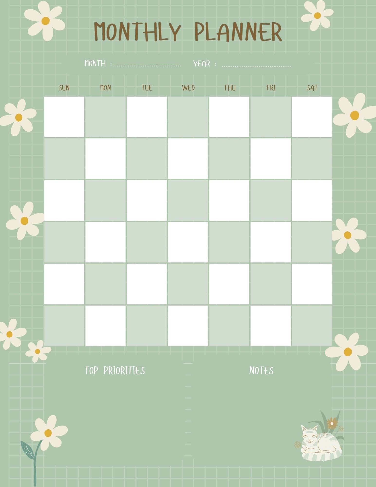 Sage Green Monthly and Daily Daisy Planner + Self Care Goal Setting - Etsy