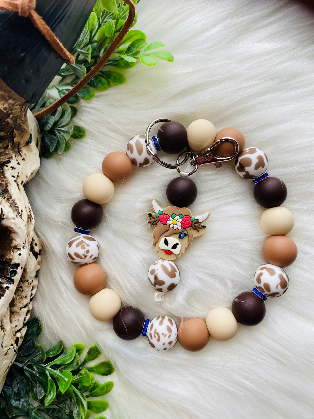 Highland Cow Western Silicone Bead Keychain Wristlet, Cowgirl Silicone ...
