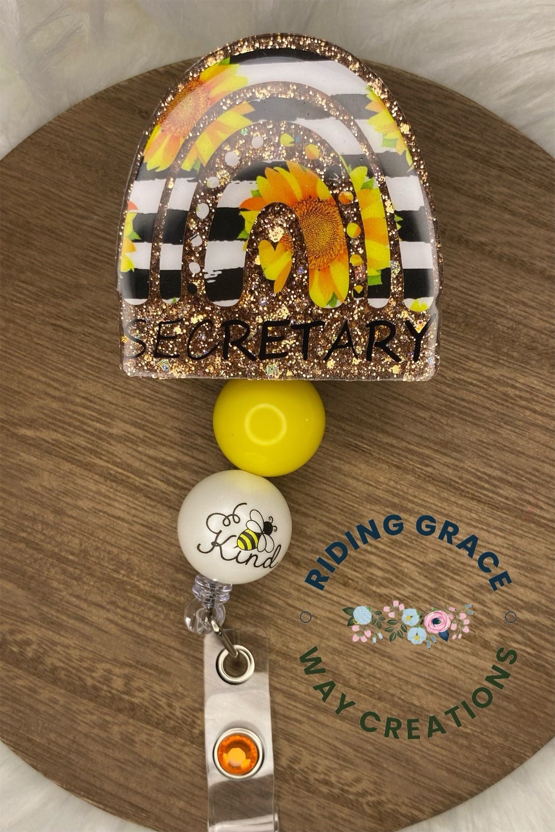 Cute Glitter Sunflower Secretary Badge Reel, Rainbow Beaded Badge Reel ...