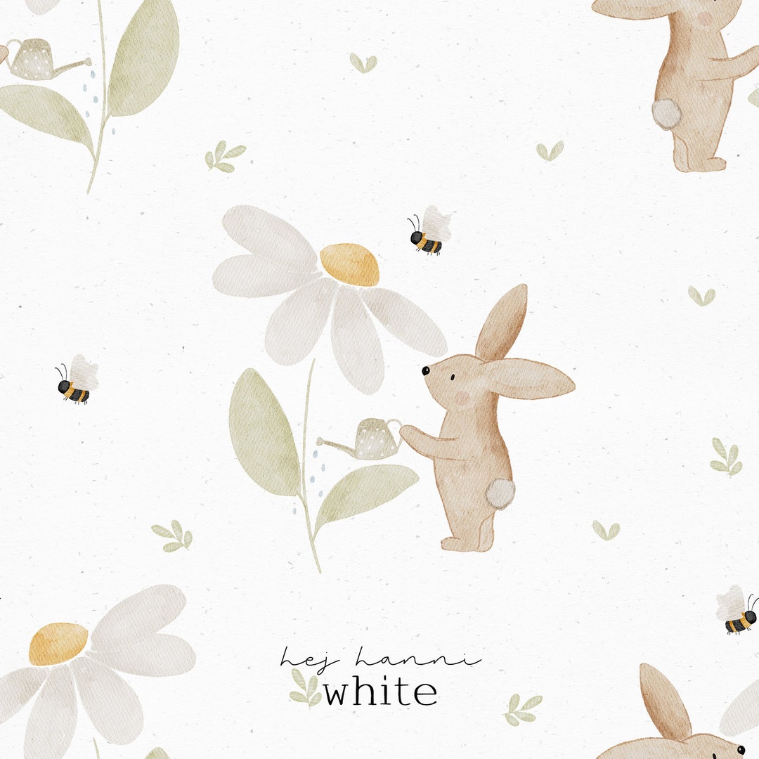 Digital Fabric Design Flower Rabbit White Seamless Pattern Children's ...