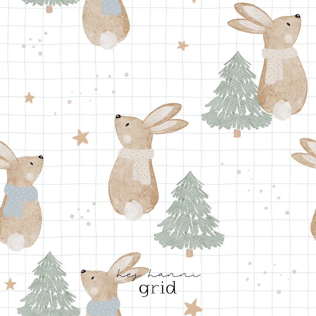 Digital Fabric Design Winter Bunny Grid Seamless Pattern Children's ...