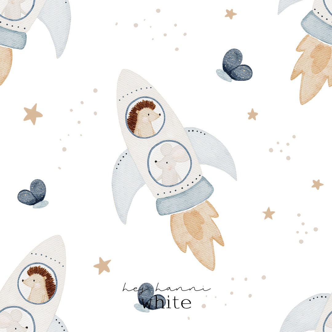 Digitales Stoffdesign Rakete Igel & Maus Weiß Nahtloses Muster ...