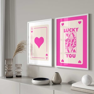 Trendy Retro Wall Art Set of 3 Pink, Play Card Print, Lucky You Poster ...