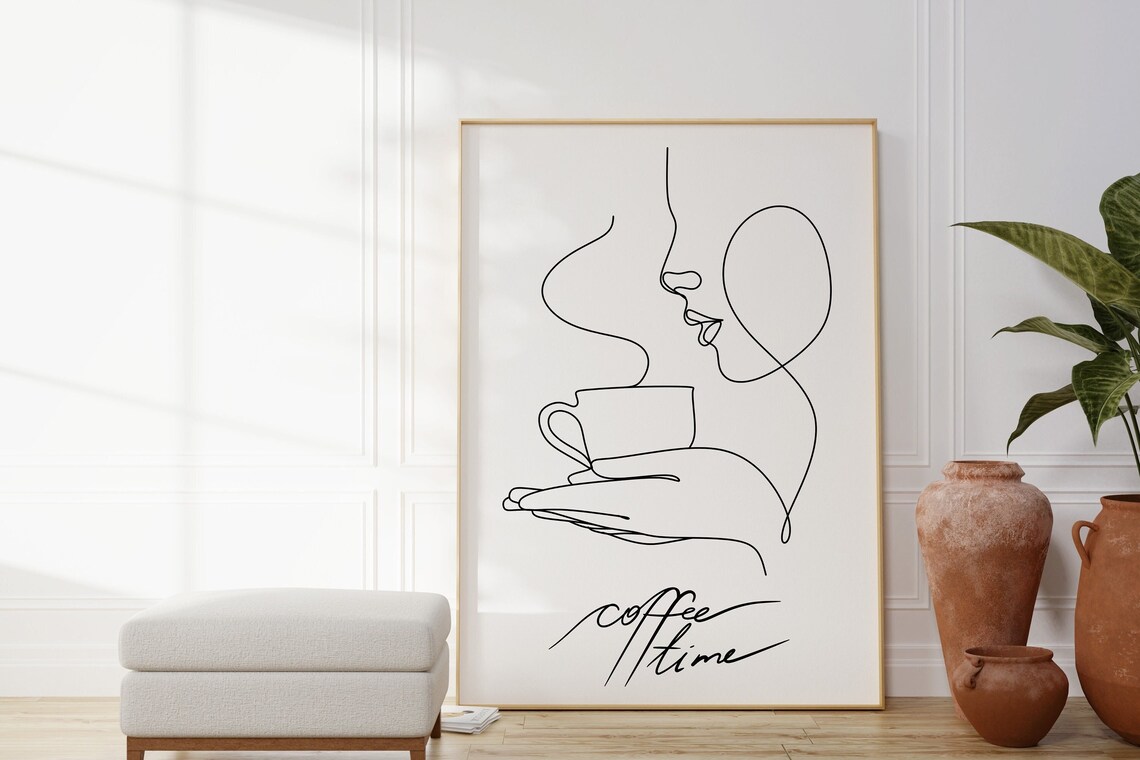 Coffee Time Poster Woman Line Printable Coffee Line Wall - Etsy