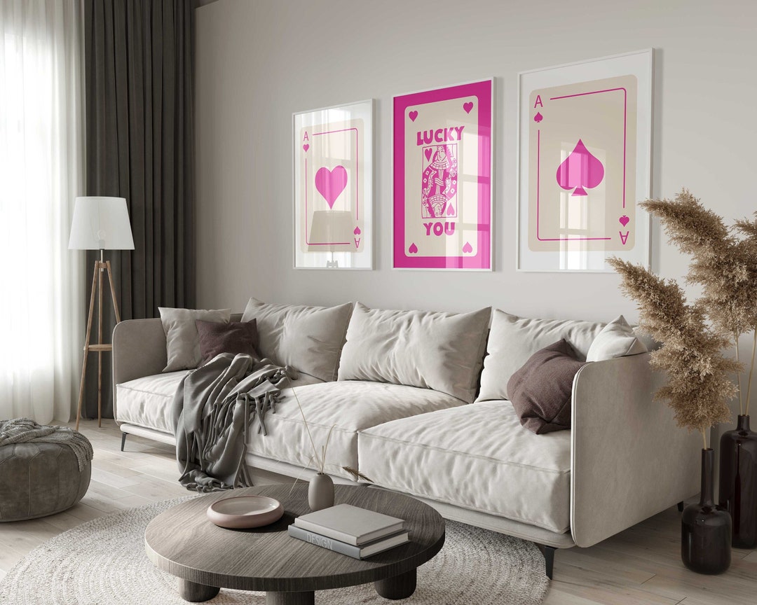 Trendy Retro Wall Art Set of 3 Pink, Play Card Print, Lucky You Poster ...