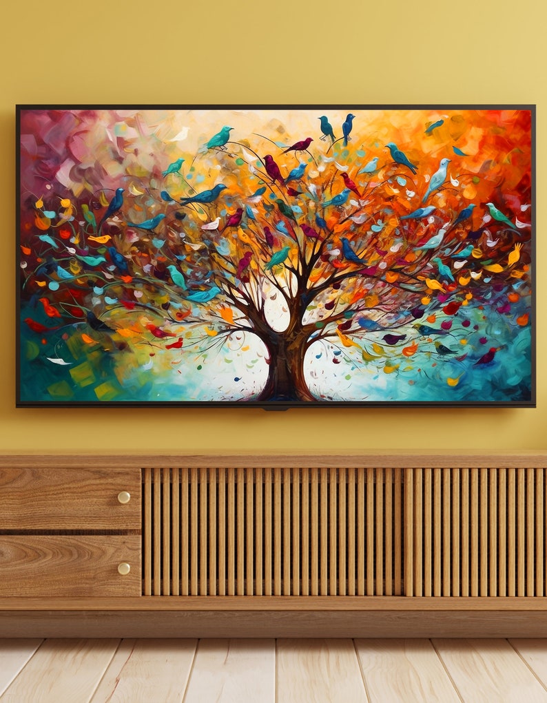 Samsung Frame TV Art, Stunning Colors Birds in Tree Colorful Painting ...