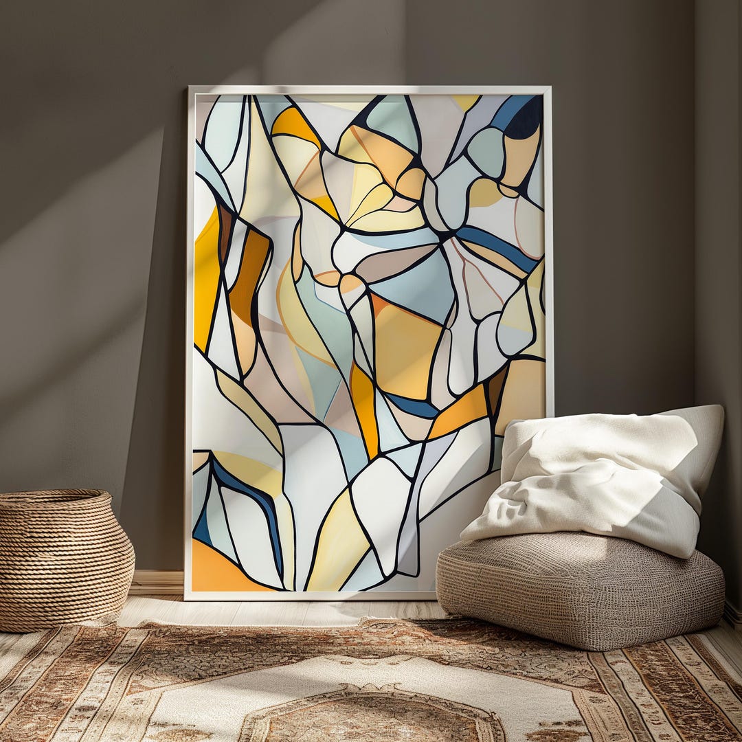 Abstract Pale Yellow Light Brown Poster Wall Art , Bold Light Indigo ...