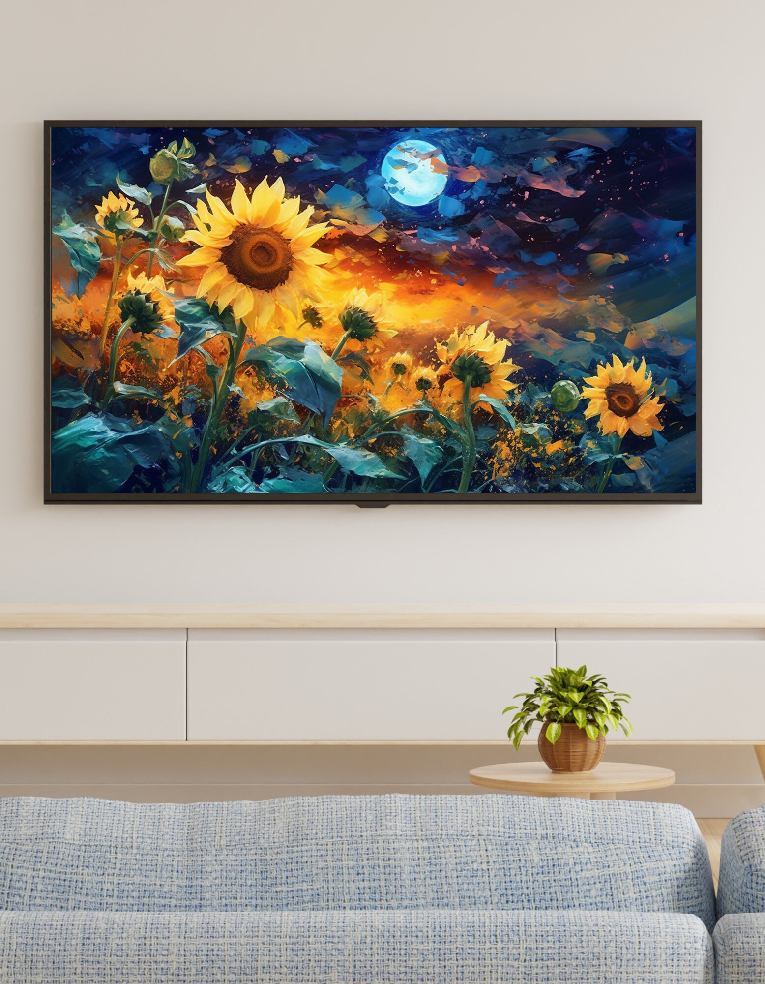 Art for Frame TV, Beautiful Sunflowers Painting, Moonlight ,digital Art ...