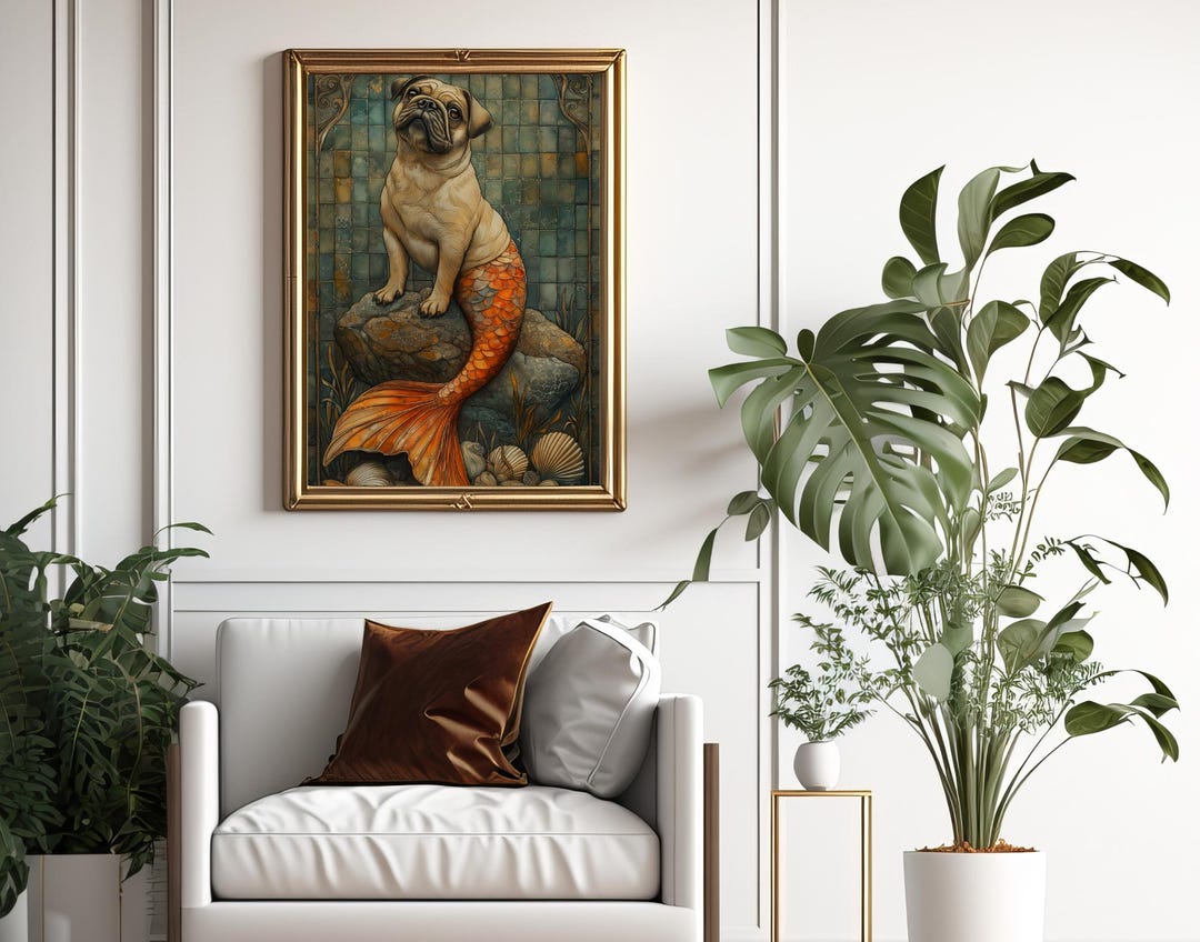 Poster Pug Mermaid Wall Art, Vibrant Colors, Dog Lover Wall Art, Summer ...