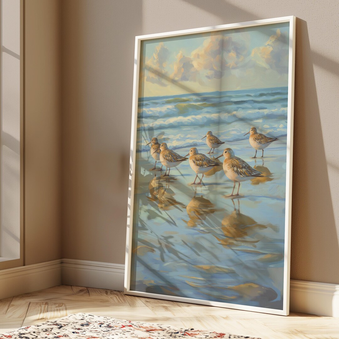 Poster Prints of Sandpiper Birds Walking Along the Beach, Gentle Waves ...