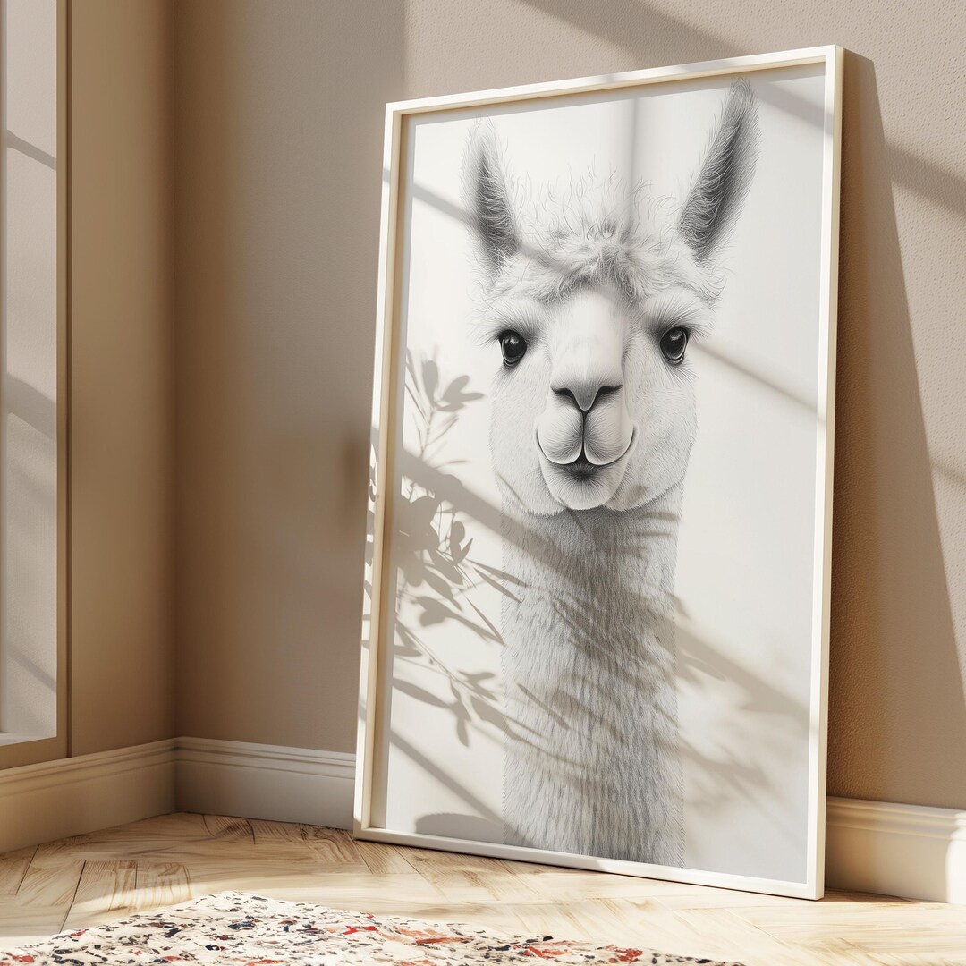 Smiling Alpaca Poster Print, White Wall Art, White Home Decor Colors ...