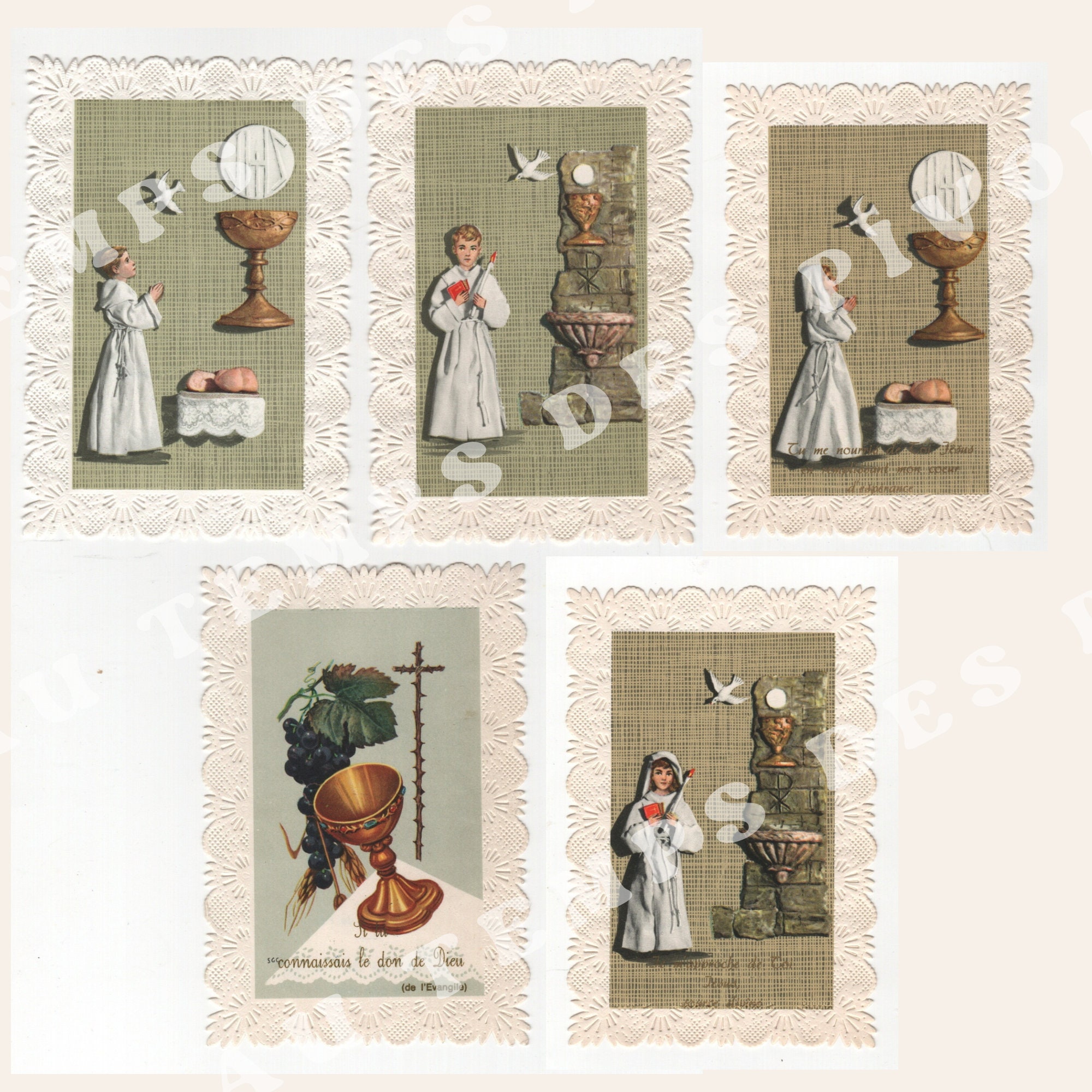 5 French Lace Prayer Cards, Antique Vintage Printable Religious ...