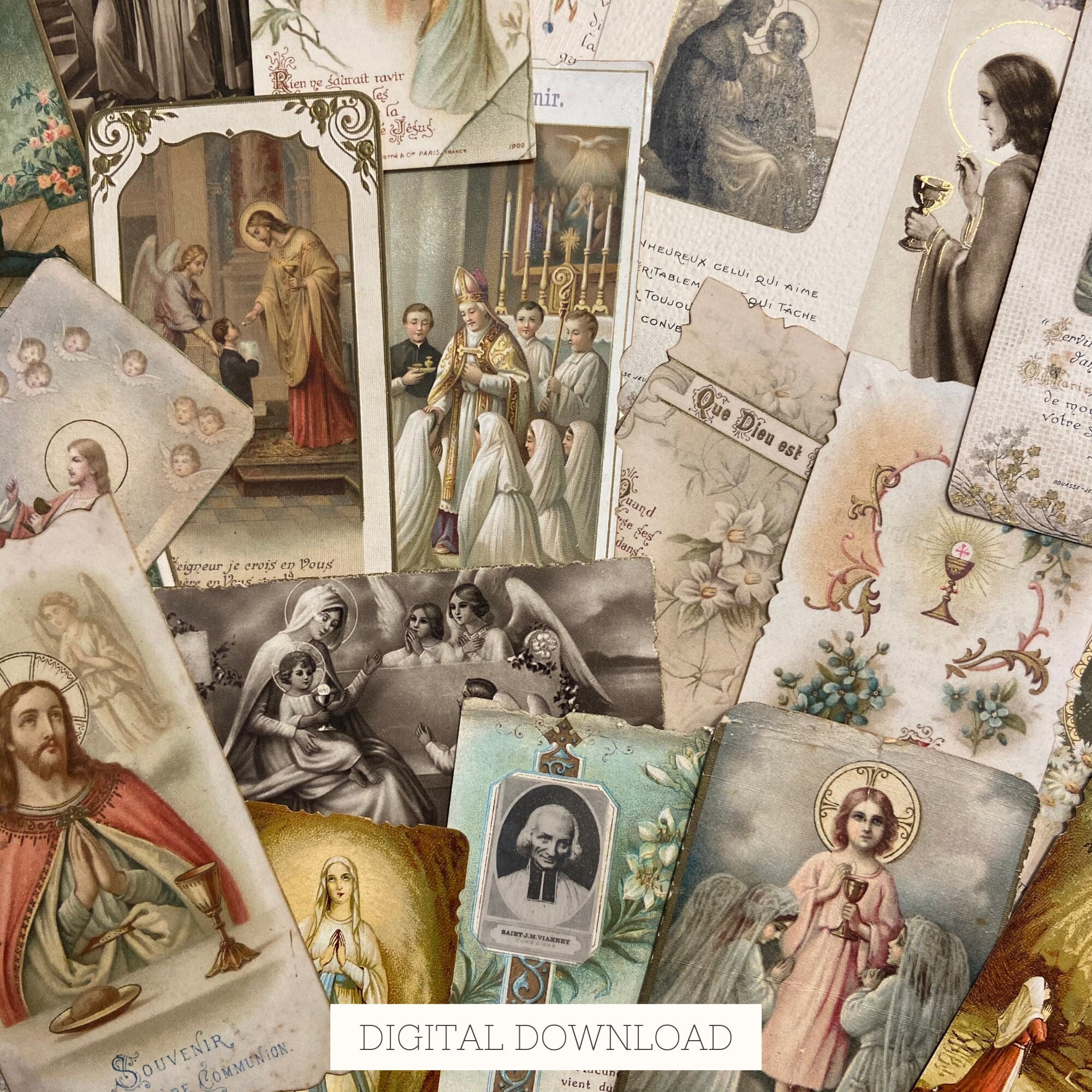 20 Printable French Vintage Prayer Cards, Digital Download Faith Cards ...