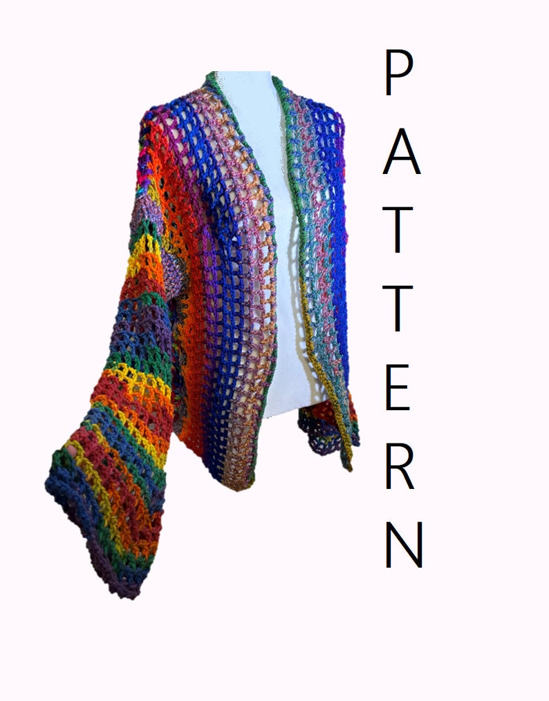 Crochet Mesh Cardigan With Bell Sleeves, Rainbow Crochet Cardigan ...