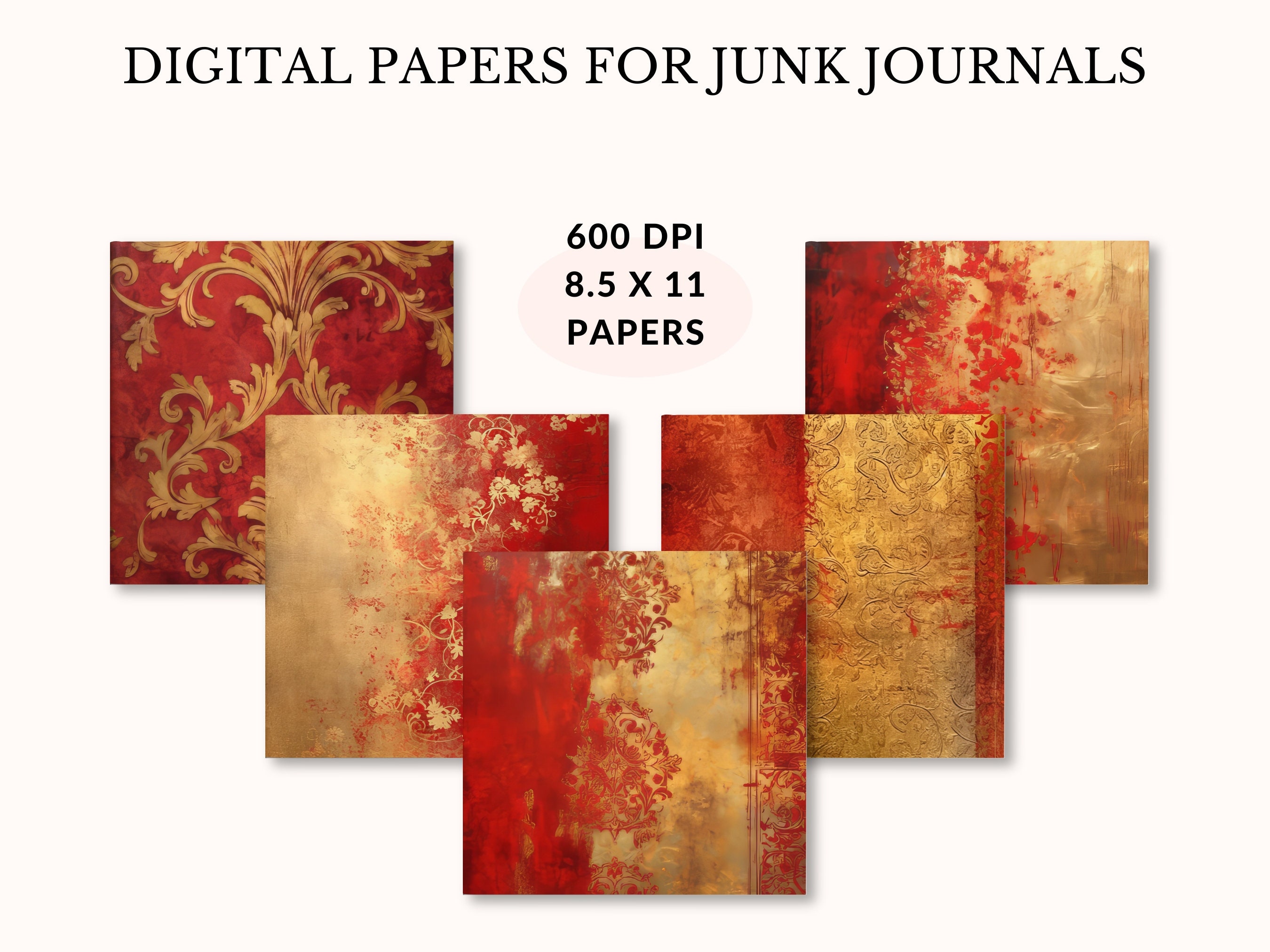 Red & Gold Digital Papers: High-res Designs for Junk Journals and ...