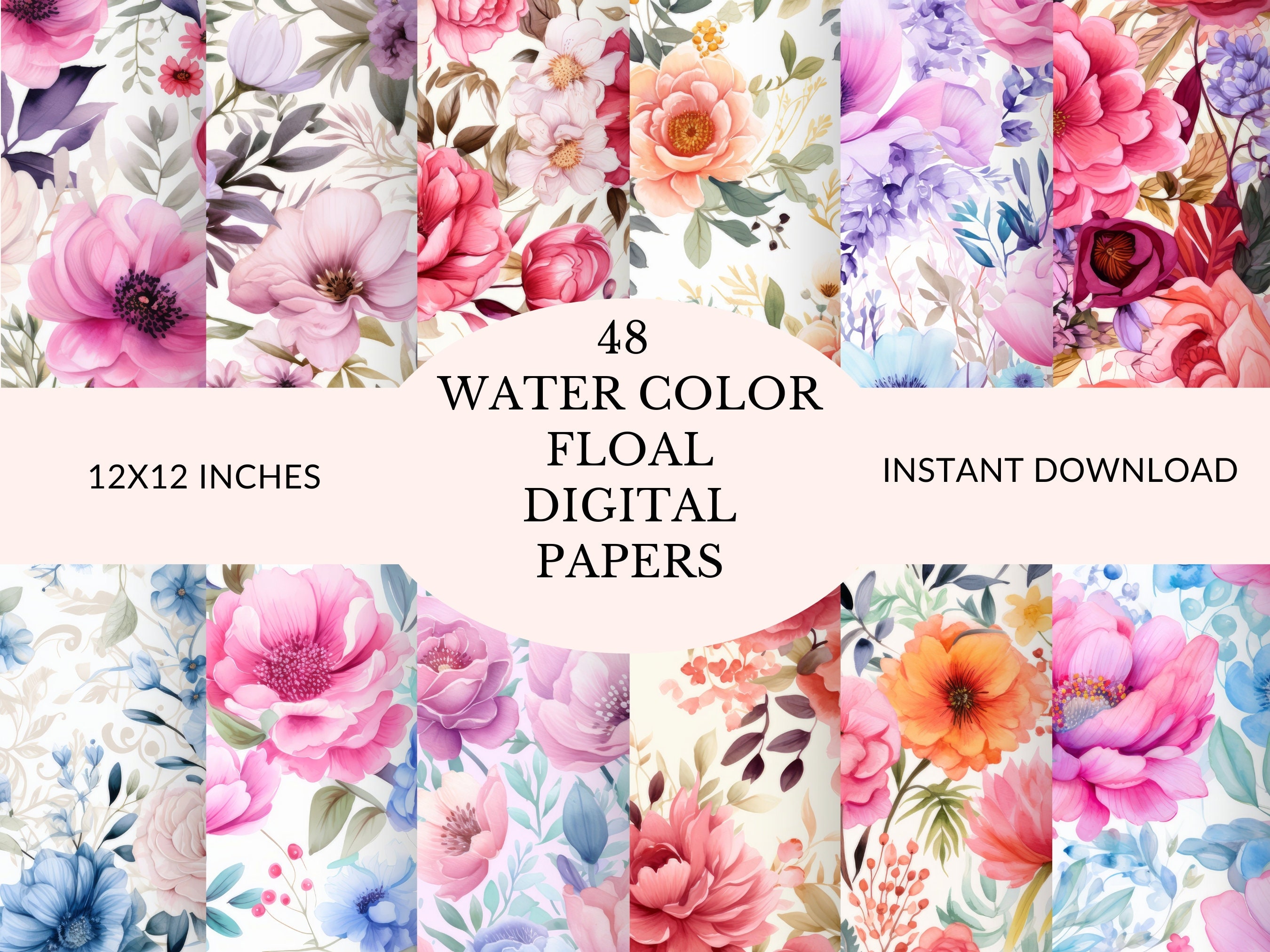 48-pack Watercolor Floral Digital Scrapbook Paper - Perfect for ...