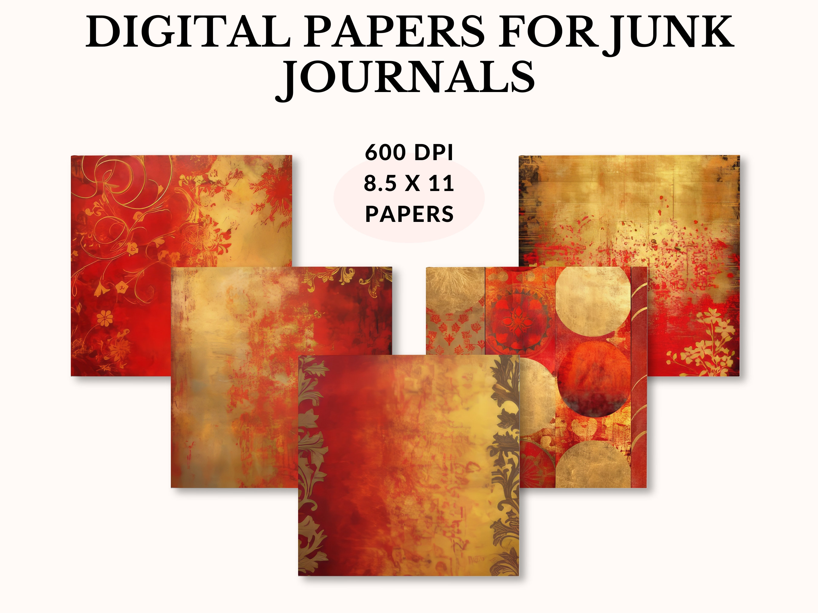 Red & Gold Digital Papers: High-res Designs for Junk Journals and ...